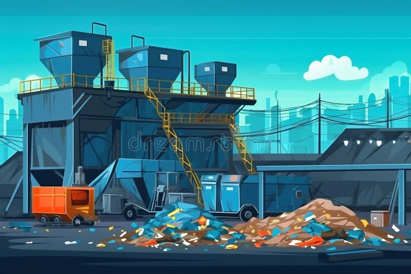 Waste Sorting Plant. Stylized Illustration. Conveyors Filled with ...