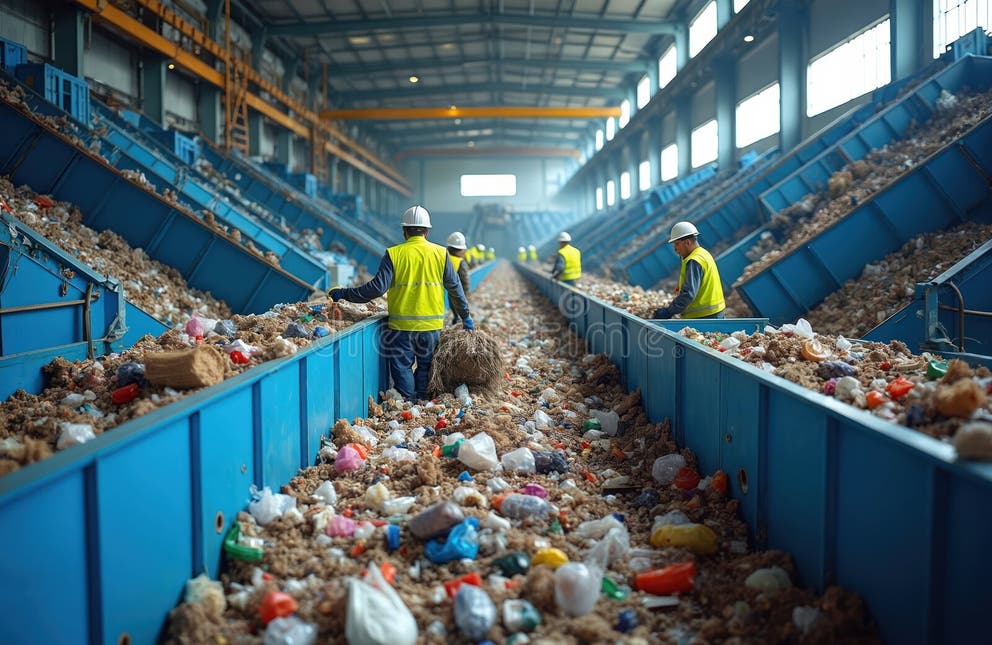 Waste Sorting Plant View. Workers Manually Sort Municipal Waste on ...