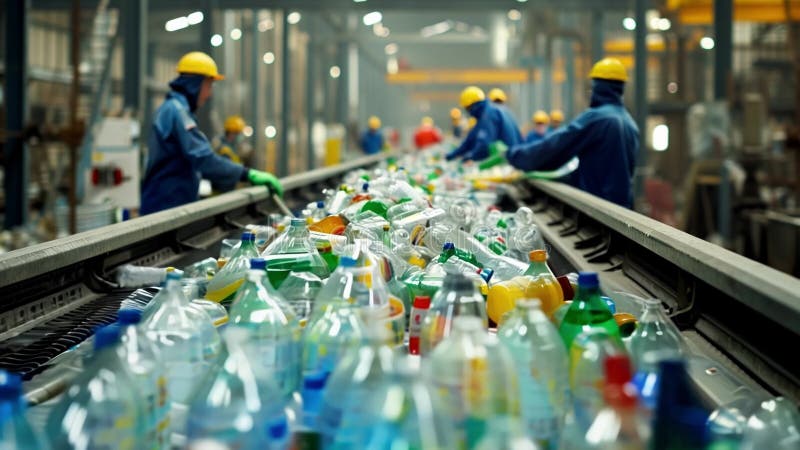 Waste Sorting Plant Workers Separating Plastic Bottles from Conveyor ...