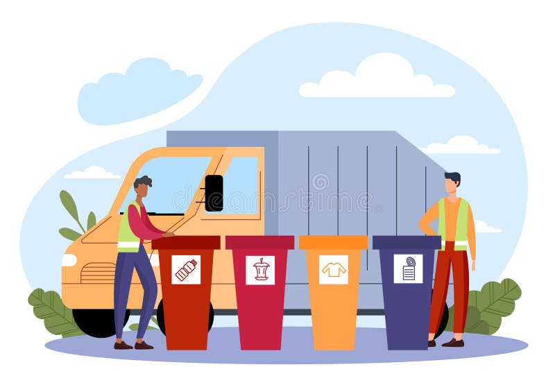 Waste Sorting by Workers Near Truck. Vector Illustration Stock Vector ...