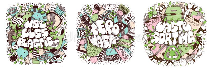 Waste Sorting, Zero Waste, Use less Plastic Doodle Style Vector ...