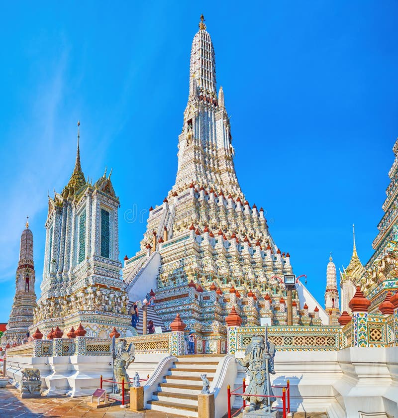 Wat Arun Shrine Complex with White Prangs and Temples, Bangkok ...