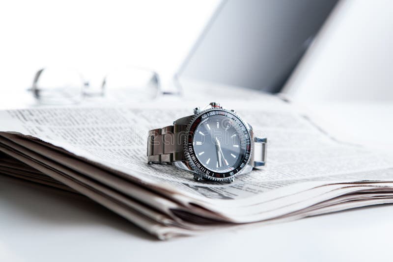 Watch Businessman on Newspaper Stock Image - Image of newspaper, laptop ...