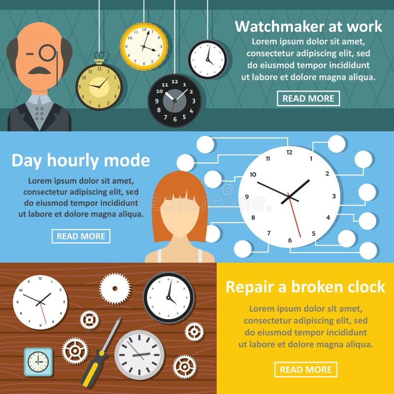 Watch Clock Work Banner Horizontal Set, Flat Style Stock Vector ...