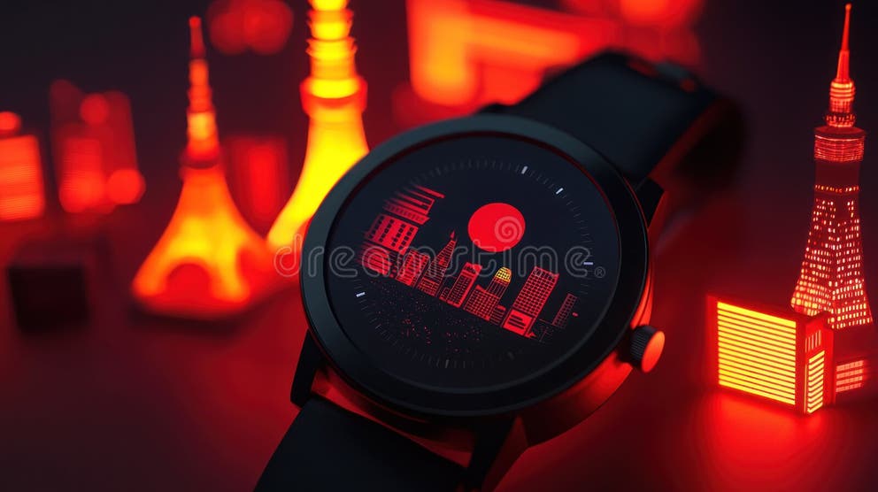 Futuristic Smartwatch Displaying Cityscape with Tokyo Tower Silhouette ...