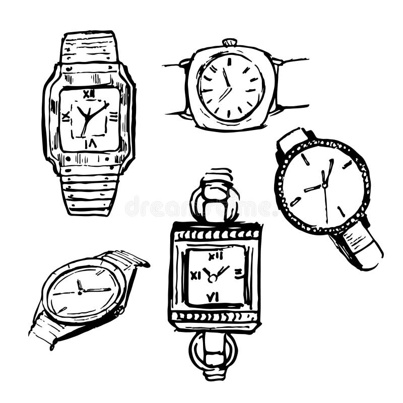 Watch Faces Doodle Set. Vector Drawing Isolated on White. Objects Ink ...