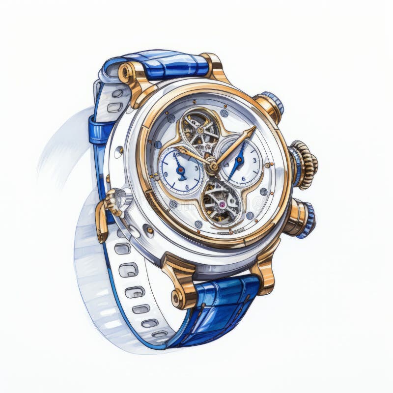 Blue and Gold Mechanical Watch with Realistic Watercolor Design Stock ...