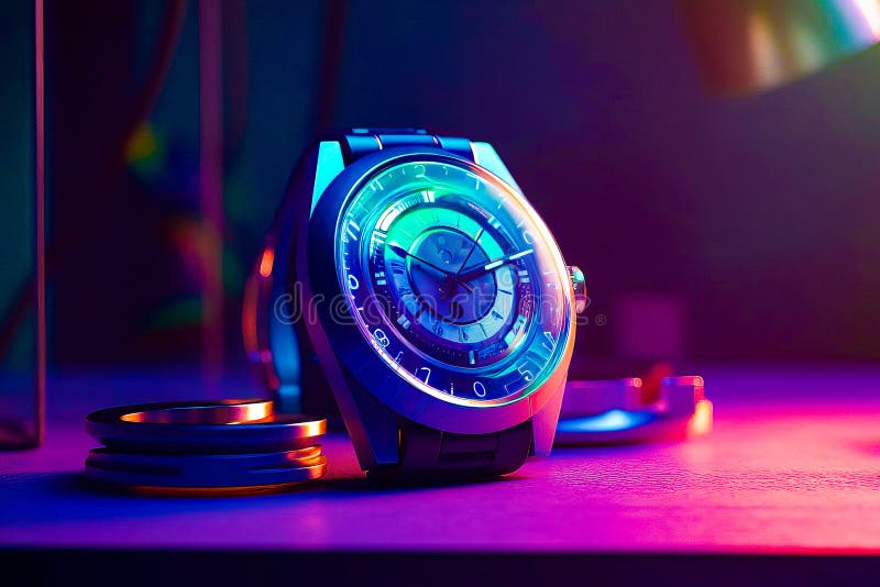 Watch Sitting on Top of Table with Neon Light Behind it. Generative AI ...
