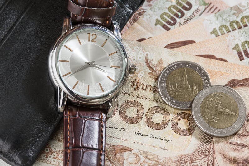 Watch and Wallet on Banknote Stock Photo - Image of deadline, thailand ...