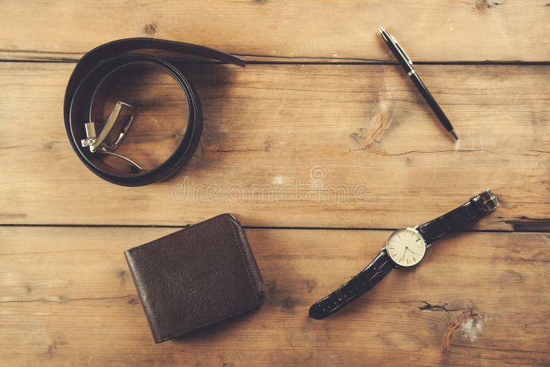 Watch with wallet and belt stock photo. Image of elegant - 144438628