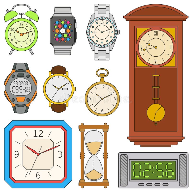 Different types of clocks stock vector. Illustration of object - 53093749