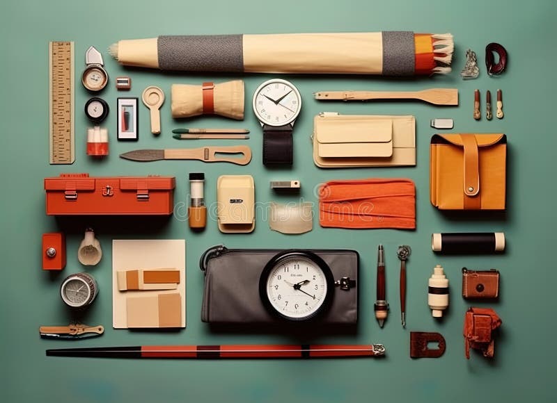 Watches and Travel Items in an Organized Collection Stock Illustration ...