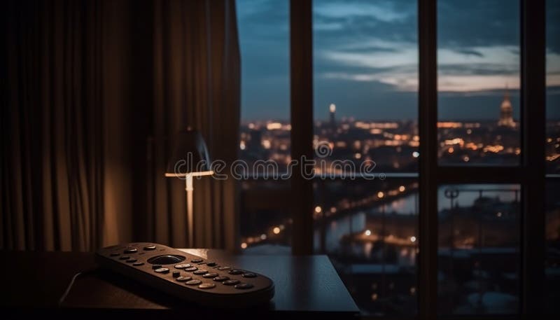 Watching Cityscape through Illuminated Window at Dusk Generated by AI ...