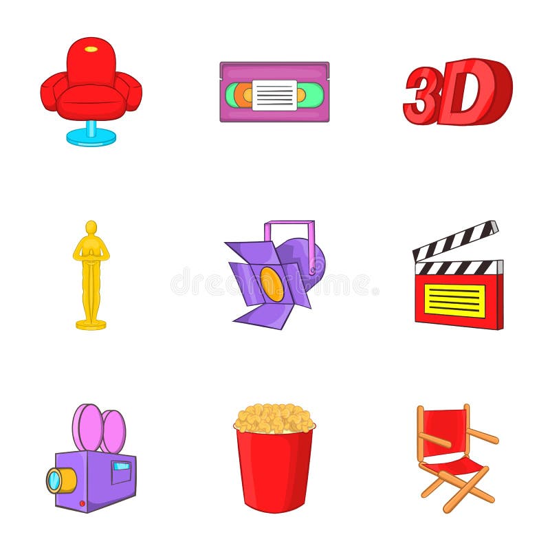 Watching Movie Icons Set, Cartoon Style Stock Vector - Illustration of ...