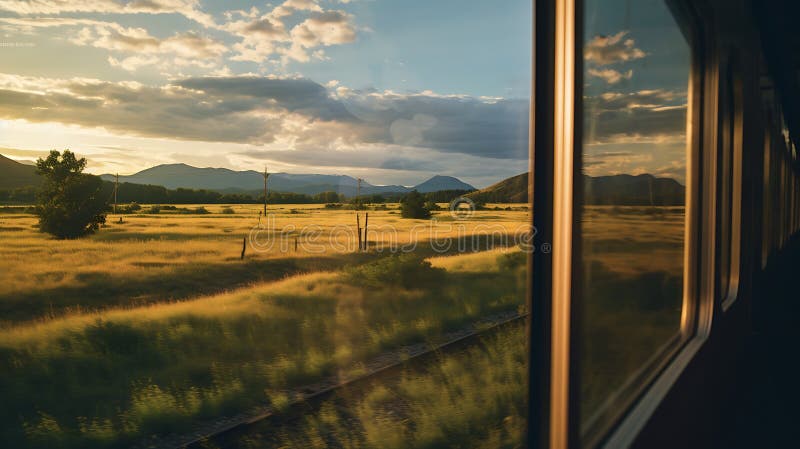 Watching the Sunset Over the Fields from a Moving Train Window Stock ...