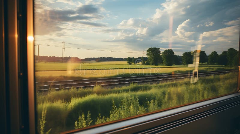 Watching the Sunset Over the Fields from a Moving Train Window Stock ...