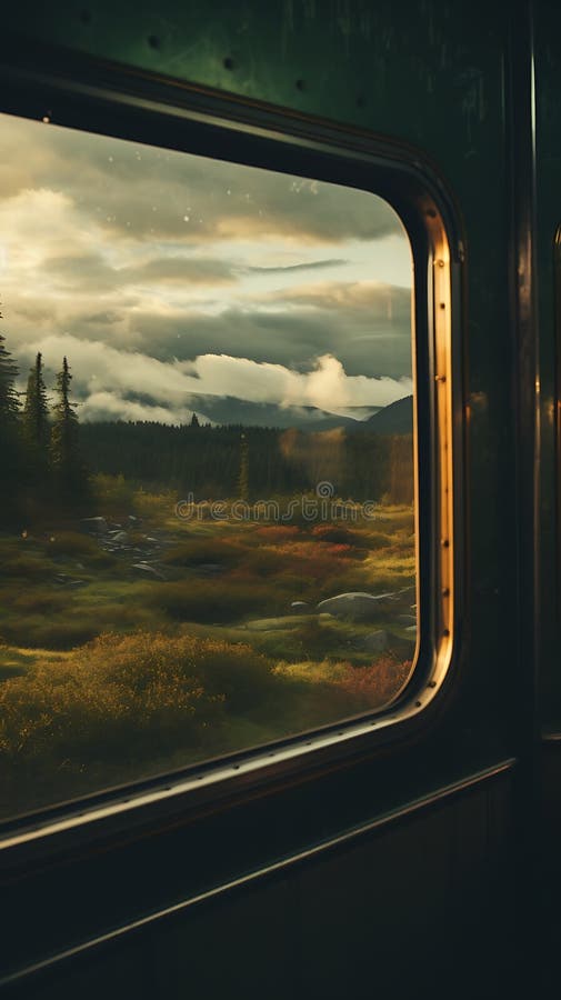 Watching the Sunset Over the Fields from a Moving Train Window Stock ...