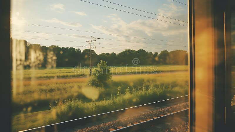 Watching the Sunset Over the Fields from a Moving Train Window Stock ...