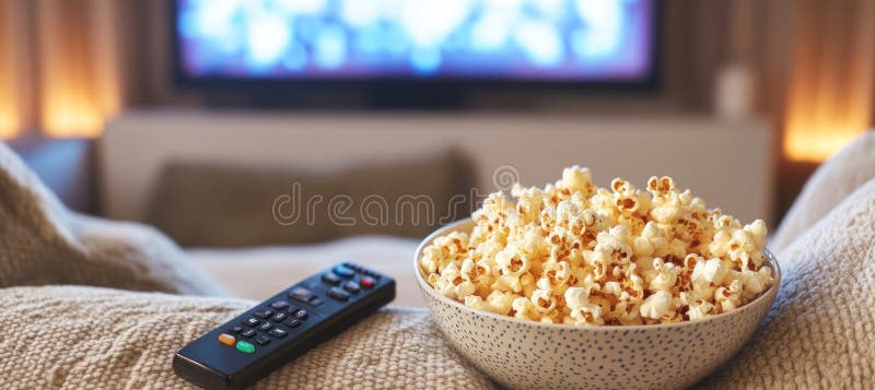 Watching Tv with Popcorn and Remote Control on Sofa Stock Photo - Image ...