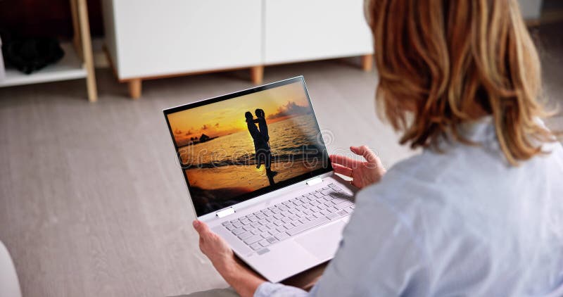 Watching TV Video on Laptop Online Stock Image - Image of business ...