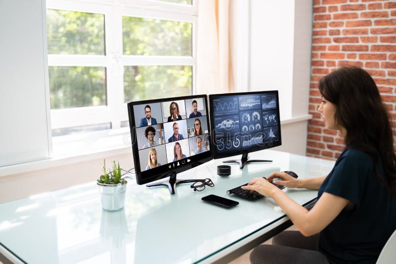 Watching Video Conference Business Webinar Stock Image - Image of girl ...
