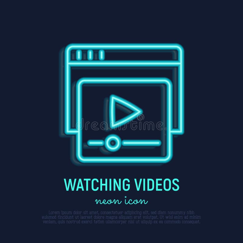 Watching Video Neon Thin Line Icon. Button Play on Web Page Stock ...