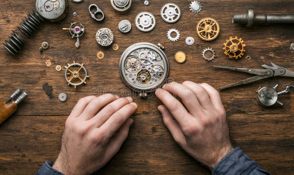 Watchmaker Carefully Disassembling a Vintage Watch on a Wooden ...