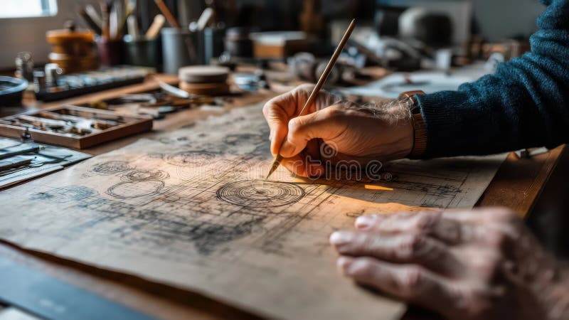 Watchmaker Drawing a Fourth Generation Turbo Design Stock Footage ...