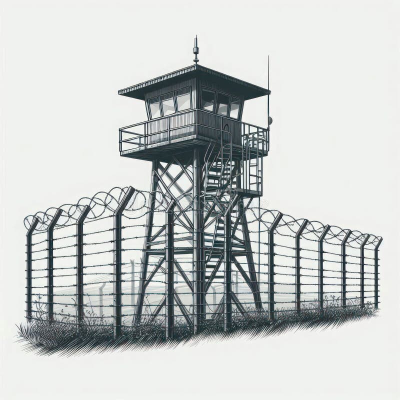 Watchtower with Barbed Wire on a Clean Background. Stock Image - Image ...