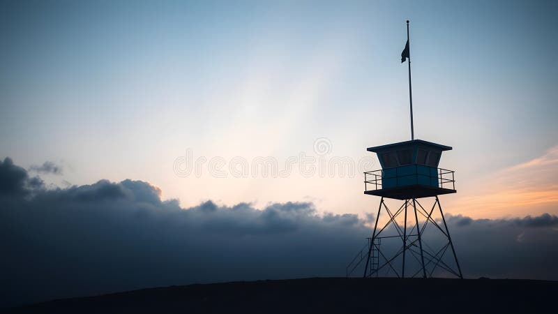Watchtower at Dawn with Light Breaking through Clouds, Symbolizing the ...