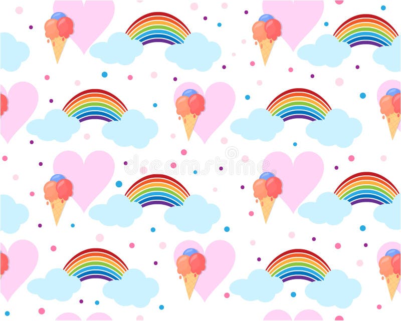 Seamless Pattern with Rainbow, Ice Cream, Clouds and Hearts. Stock ...