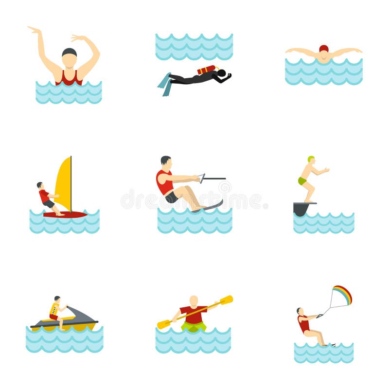 Water Activities Icon Set, Flat Style Stock Vector - Illustration of ...