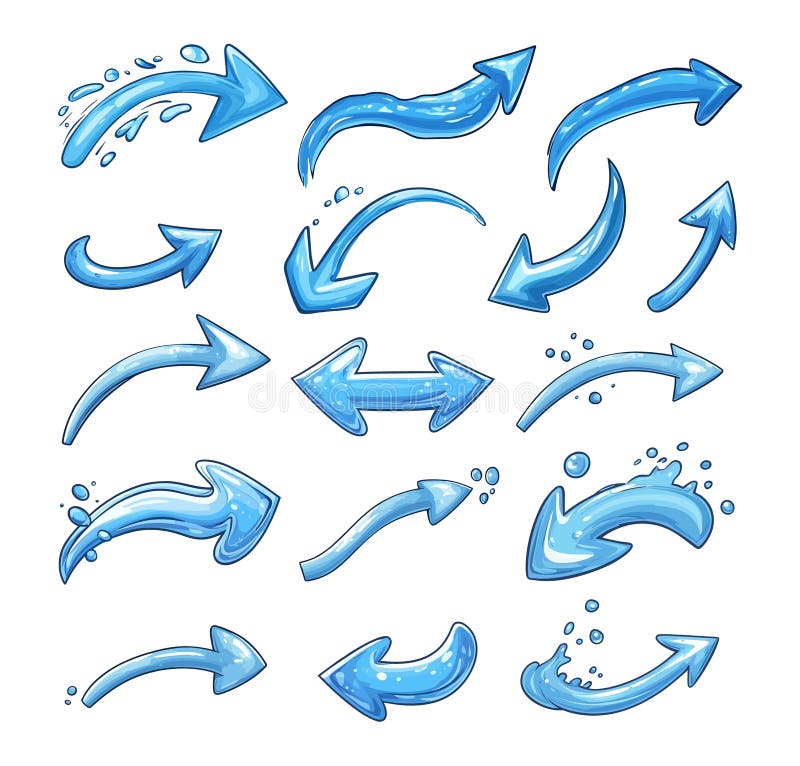 Water Arrows Cartoon Vector Set. Liquid Aqua Stream Direction Splashes ...