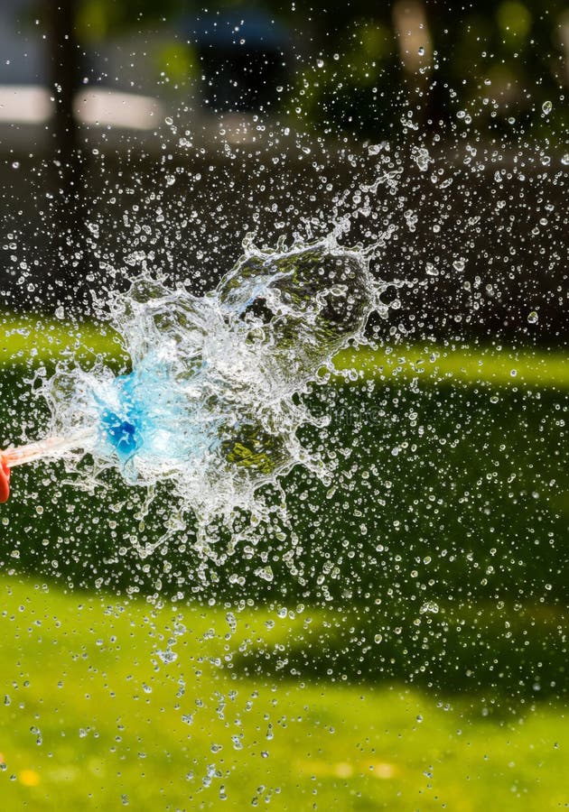 Water Balloon Burst: Blue Balloon Splashing on Green Grass Stock ...