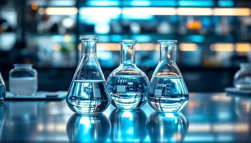 Water in Beaker and Flask Glass in Chemistry Blue Science Laboratory ...