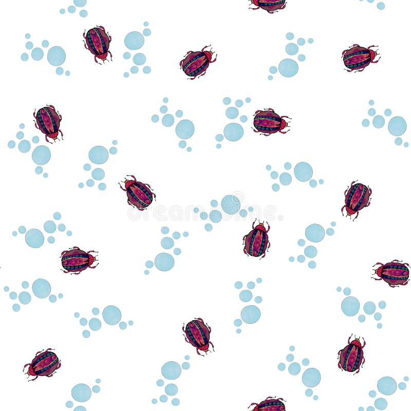 Water Beetle and Drops Seamless Pattern, Hand Draw Bug Illustration ...