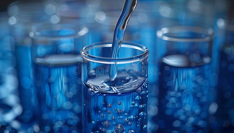Water Being Poured into Test Tube, Creating Blue Liquid Solution Stock ...