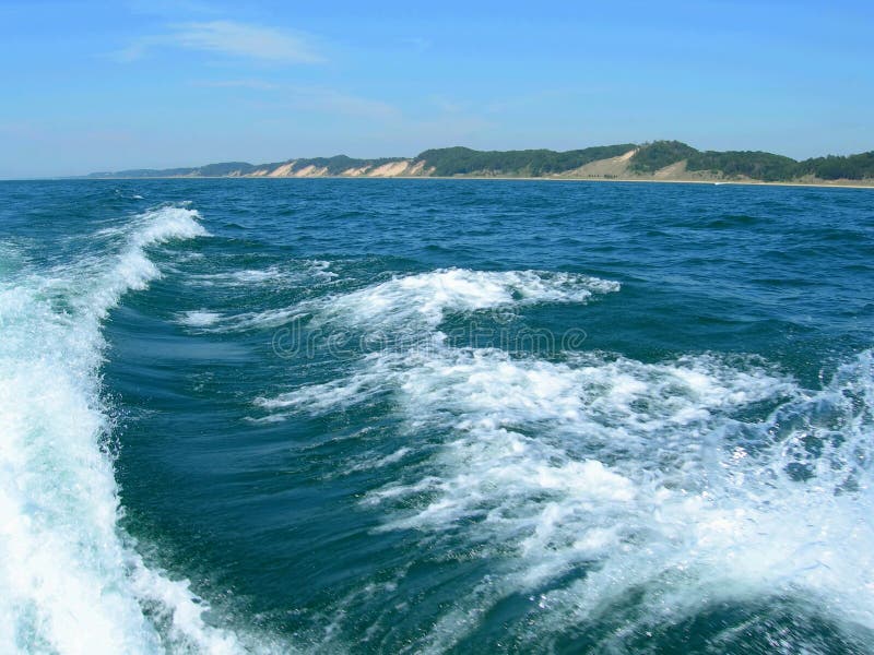 Water Boat Wake on Michigan Lake Stock Image - Image of vessel, dunes ...