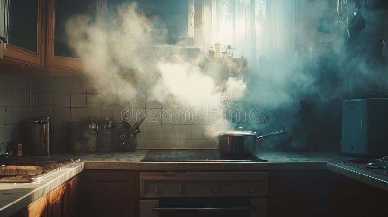 Water Boiling in Pot, Steam Rising, Cozy Kitchen. Stock Image - Image ...