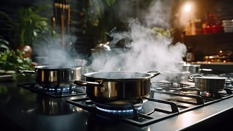 Water Boiling Stainless Pot on a Gas Stove in a Modern Kitchen ...