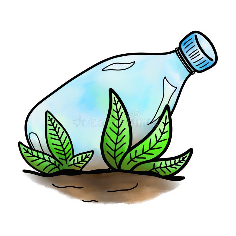 Plastic Bottle in Soil Watercolor Illustration, Plastic Trash and Land ...