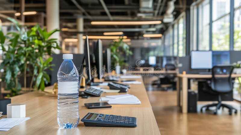 Water Bottle and Calculator Resting on Desk in Modern Office Setting ...