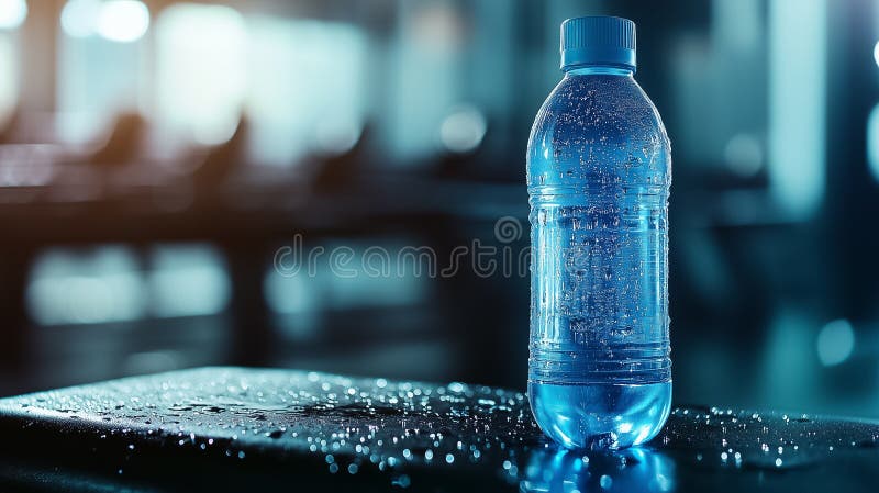 A Water Bottle with Droplets Sits on a Workout Bench, Showcasing ...