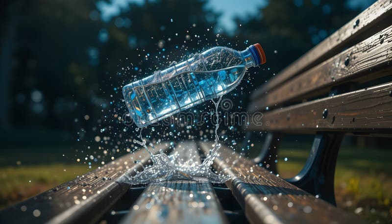 Water Bottle Falling Onto Bench Creating Splash in a Blurry Park Stock ...