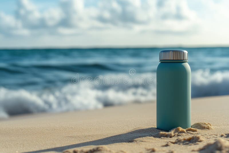 Water Bottle on Sandy Beach with Ocean in Background, Sunlight, Waves ...