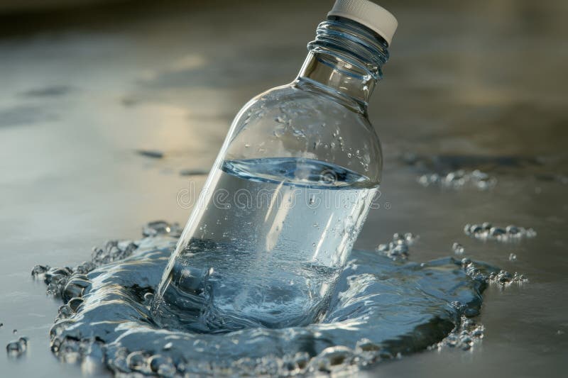 Water Bottle Splashes into Surface, Creating Ripples in Clear Liquid ...