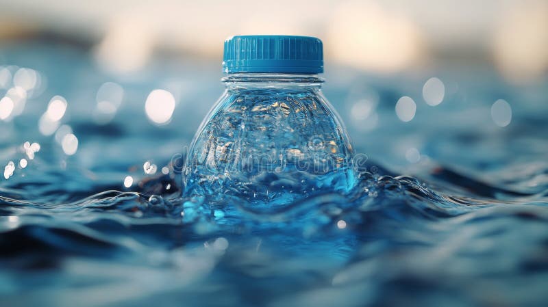 Water Bottle Splashing in Clear Blue Water Creating Dynamic Ripples and ...