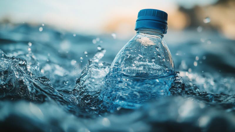 Water Bottle Splashing in Clear Blue Water Creating Dynamic Ripples and ...