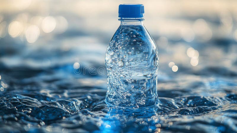 Water Bottle Splashing in Clear Blue Water Creating Dynamic Ripples and ...