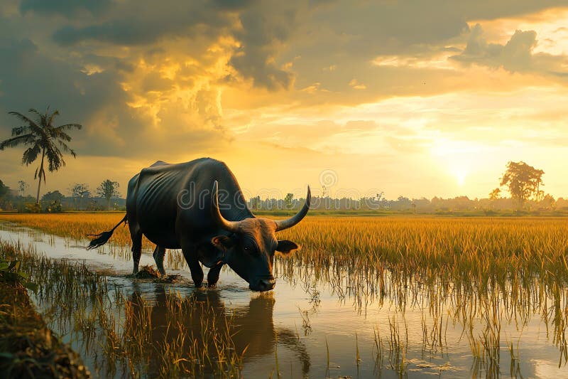Water Buffalo in Rice Field at Sunset with Beautiful Sky Stock ...